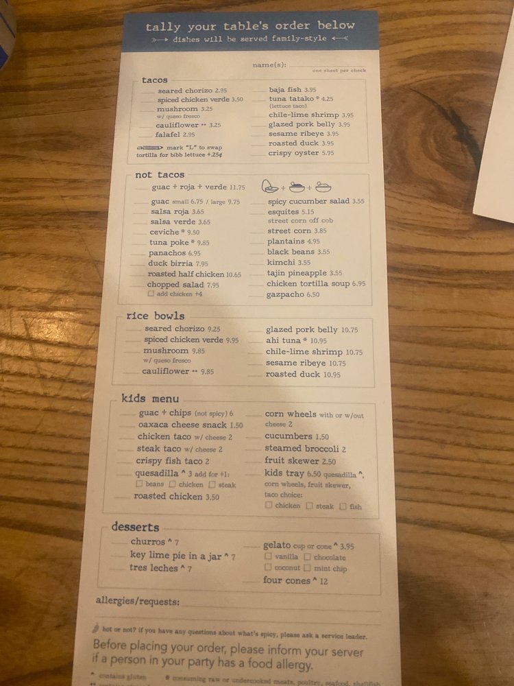Menu - bartaco Seaport