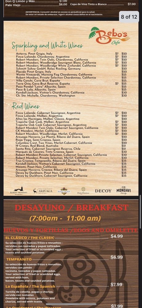 Menu - Bebos Café