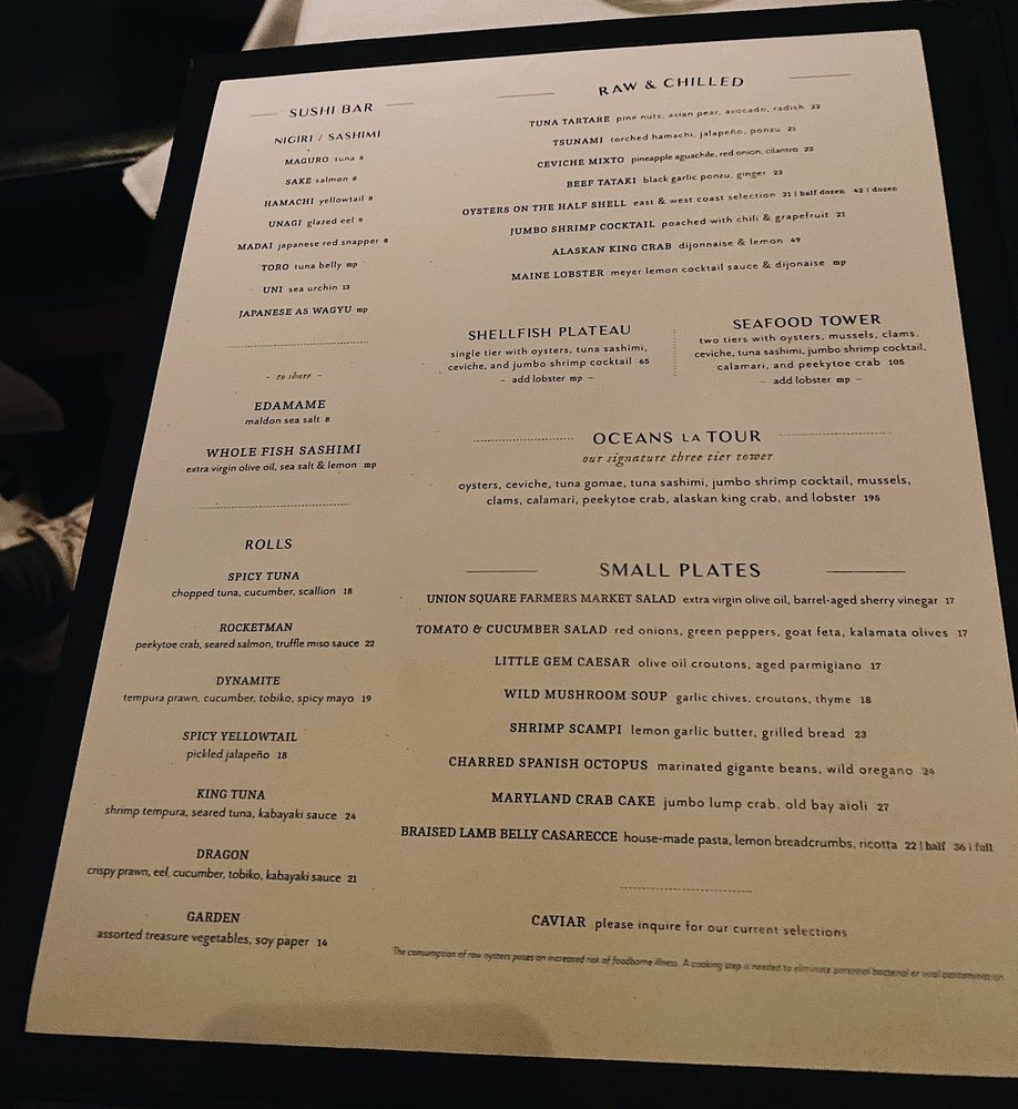 Menu - Oceans New York