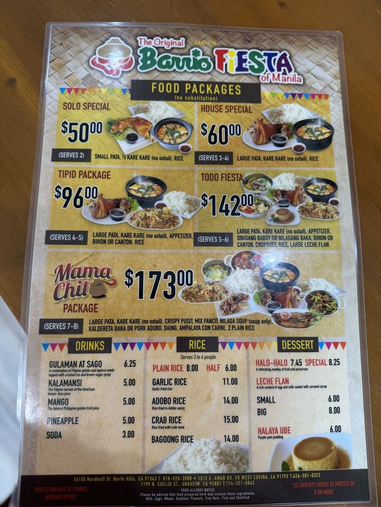 Menu - The Original Barrio Fiesta of Manila