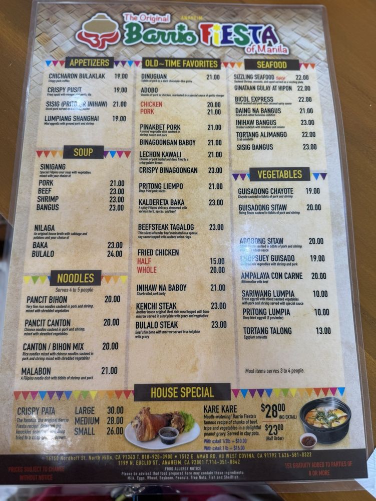 Menu - The Original Barrio Fiesta of Manila